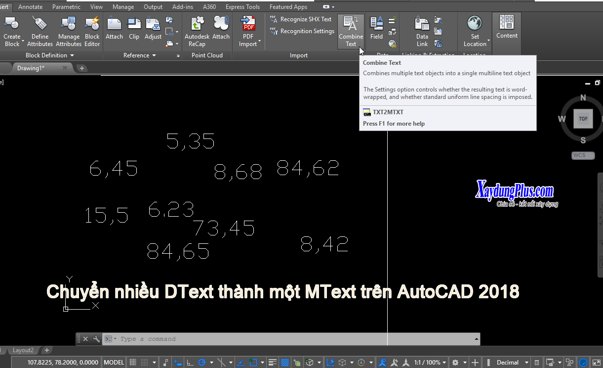 Chuyển nhiều DText thành một MText trên AutoCAD 2018 ⋆ Mẹo AutoCad